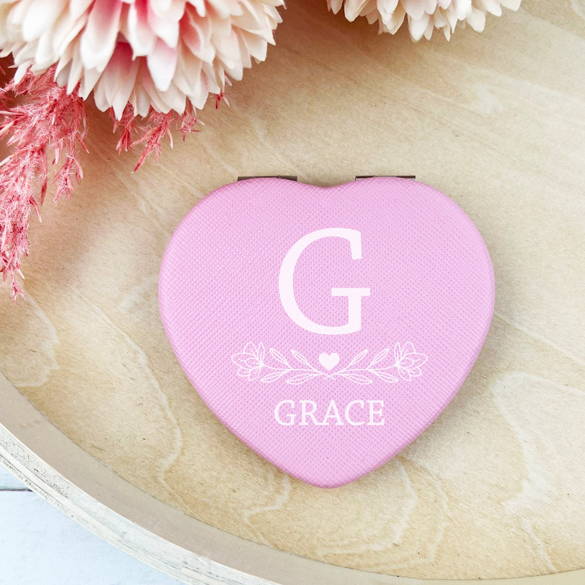 Pink Heart White Initial Flourish Compact Mirror – Colour and Spice Pty Ltd